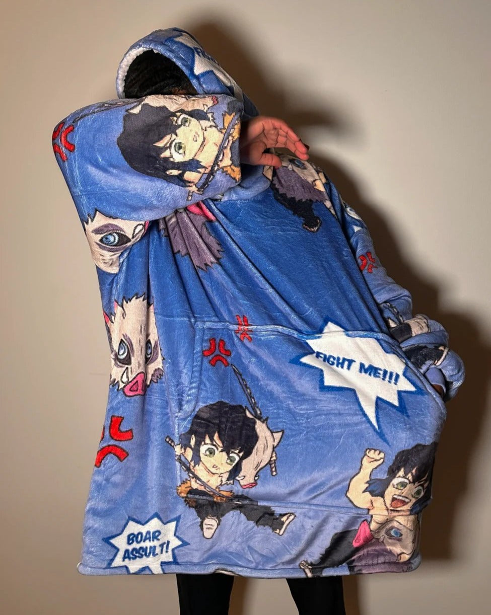inosuke demon slayer oversized wearable blanket-hoodie for kids and ad ...